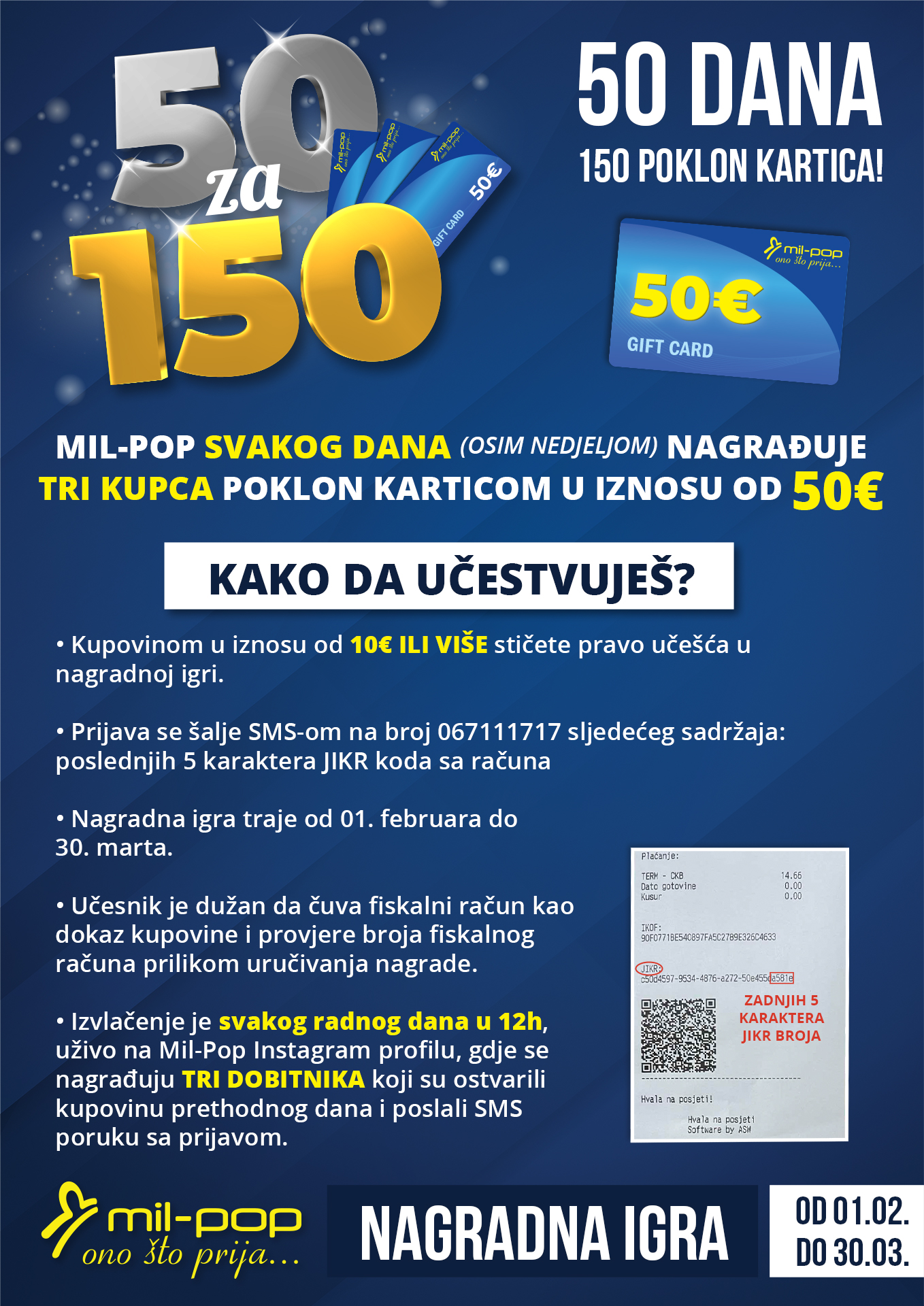 Mil-Pop nagradna igra 50 dana - 150 poklon kartica | Mil Pop